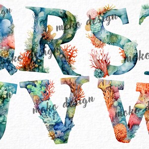 Watercolor Coral Reef Alphabet Clipart, Nautical Ocean Letters (digital ...