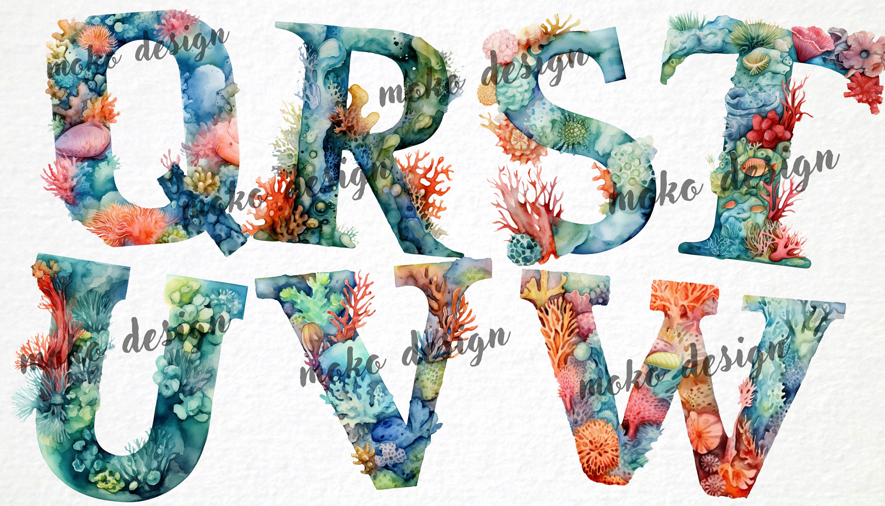 Watercolor Coral Reef Alphabet Clipart, Nautical Ocean Letters (digital ...
