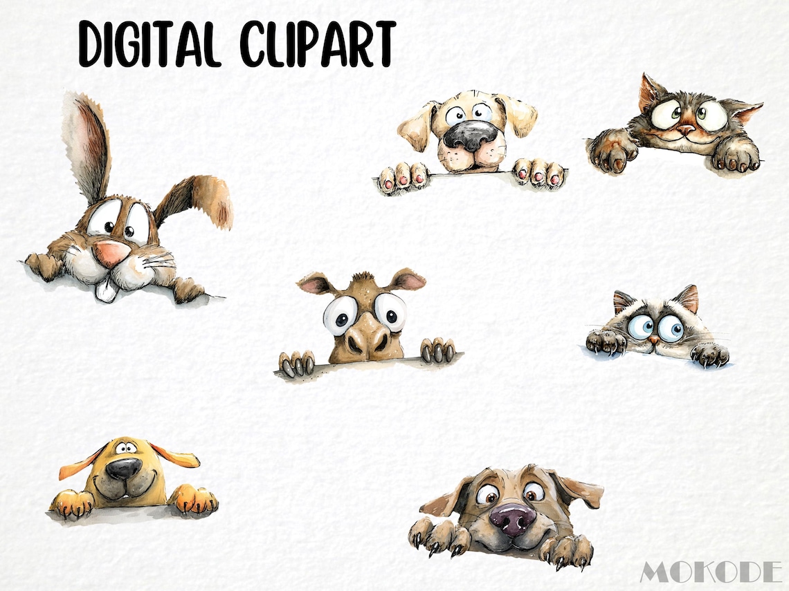 Funny Peeking Animals Clipart Bundle 42 Png, Watercolor Dog, Cat ...