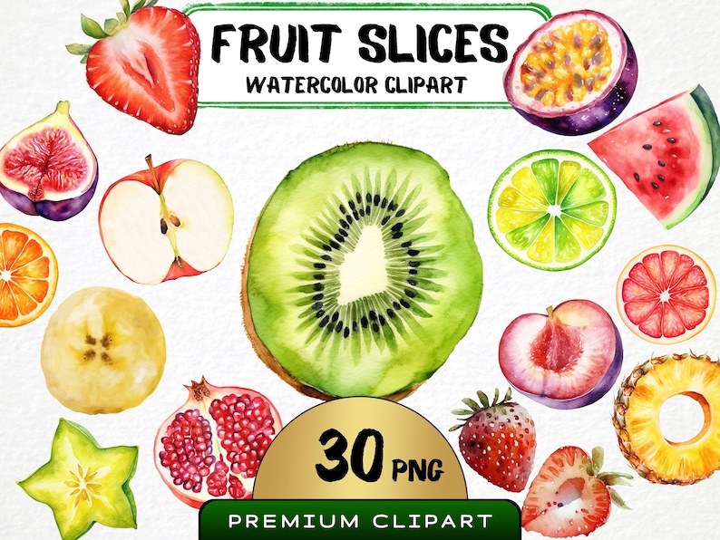Watercolor Fruit Slices Clipart 30 Png Sweet Fruits Cut in - Etsy