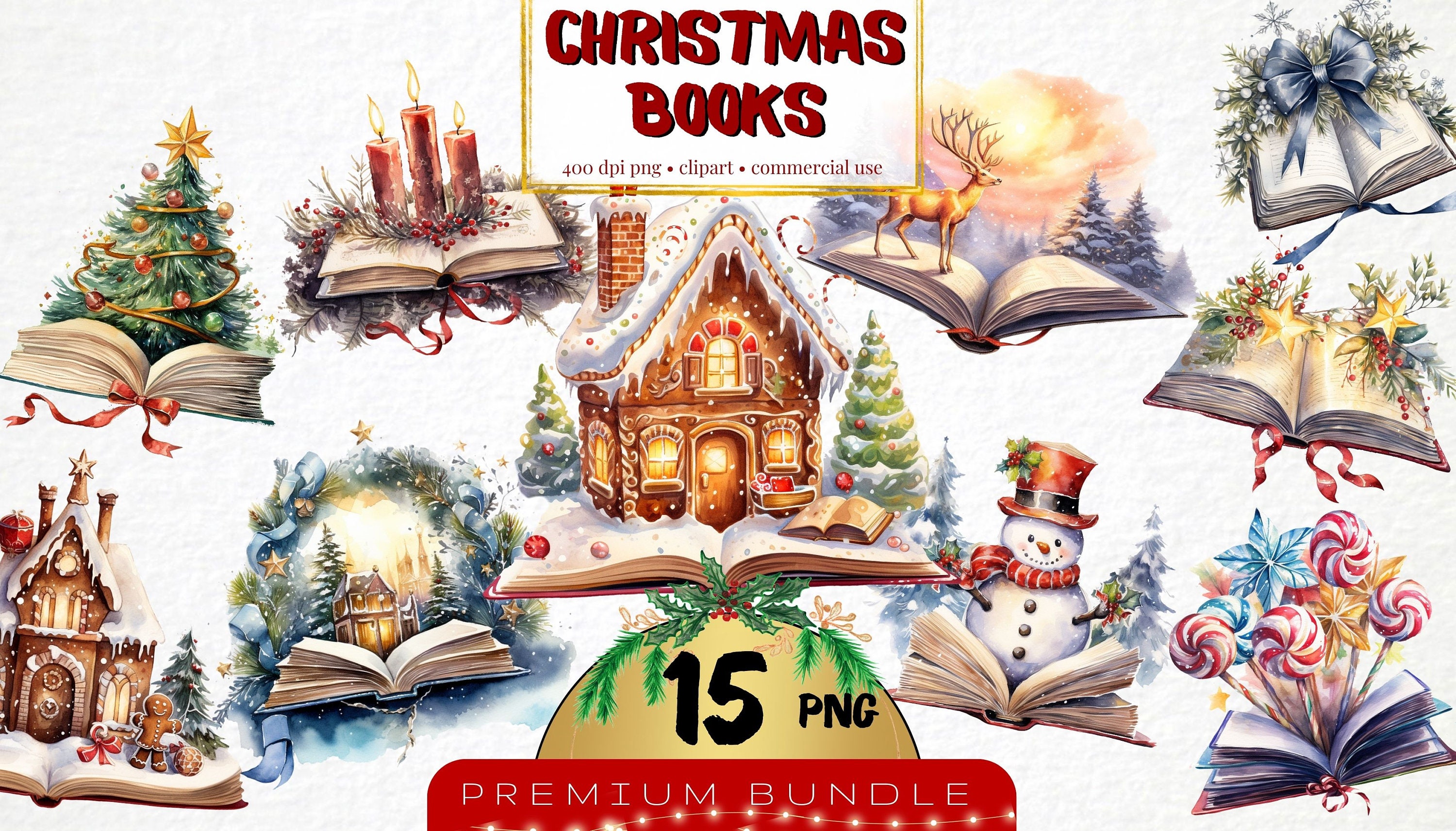 Watercolor Christmas Books Clipart Set Of 15 Fantasy Magical Etsy