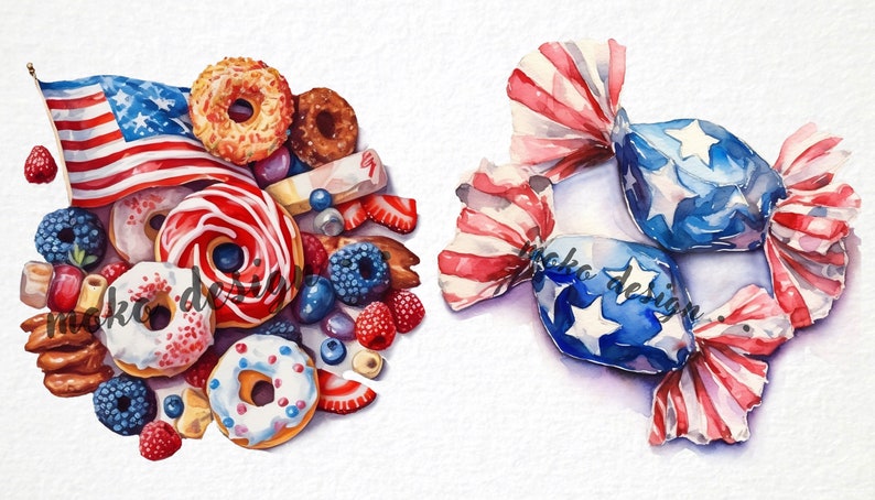 4th of July Watercolor Patriotic Sweets Transparent Clip Art - Etsy