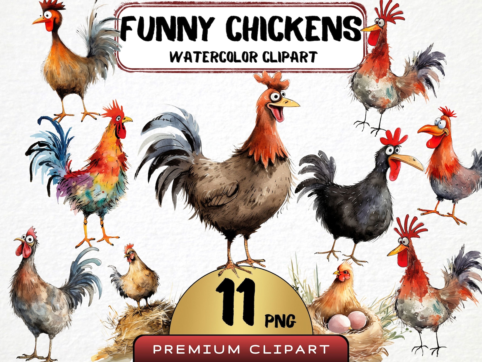 Funny Chickens Watercolor Clipart, Cartoon Farm Animals (11 PNG) - Etsy