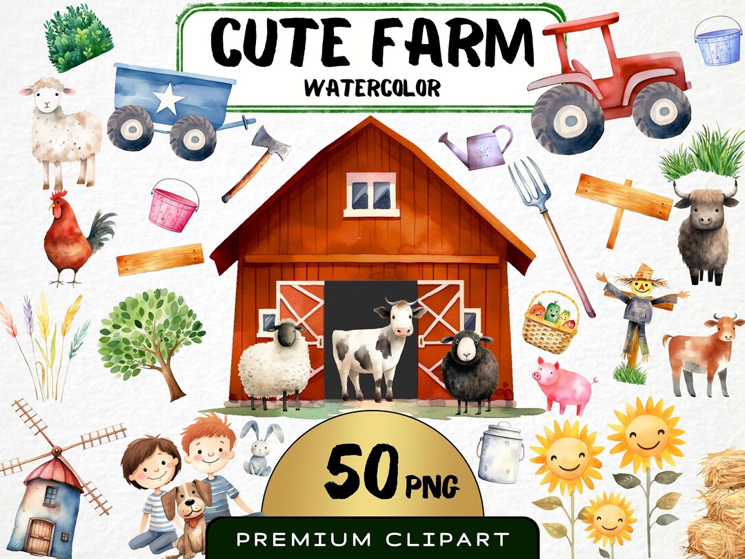 Cute Farm Animals Watercolor Clipart, Nursery Decor (50 PNG Digital ...