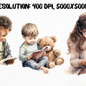 Kids Reading Watercolor Clipart, Set of 24, Nursery Bookworm Graphics ...