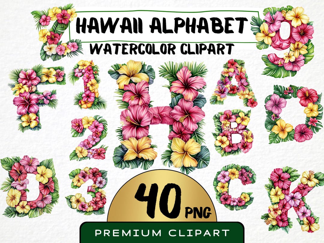 Watercolor Floral Alphabet Clipart, Hawaiian Tropical Letters (40 PNG ...