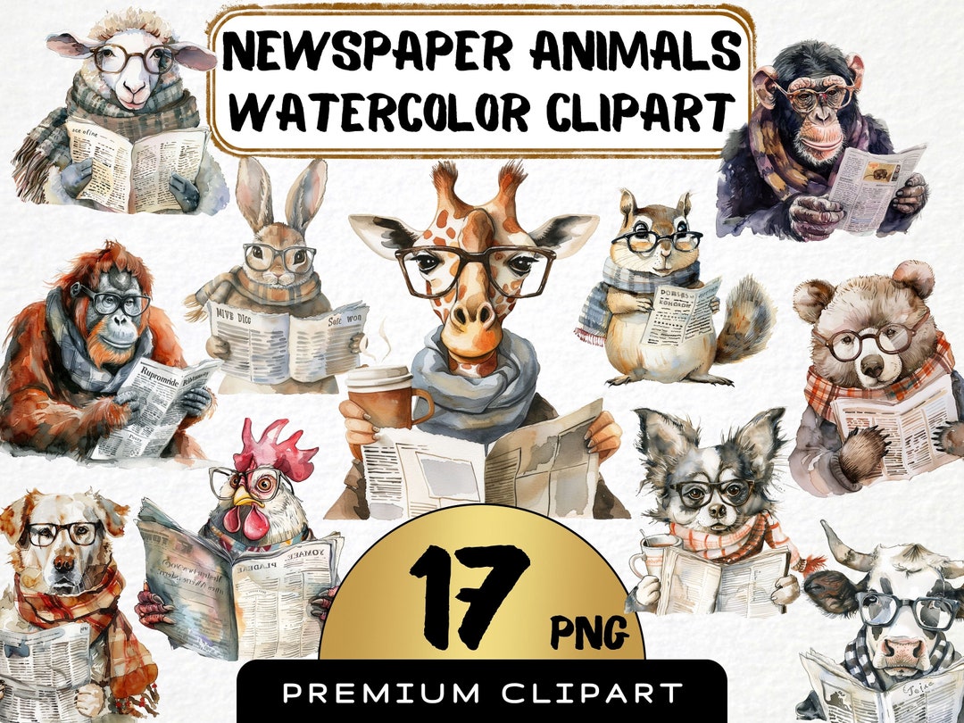 Watercolor Animals Reading Newspaper Clipart 17 Png, Cute Smart Pet ...