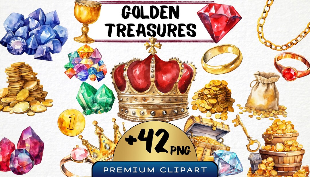 Watercolor Golden Treasures Clipart, Luxury Gold PNG Designs - Etsy