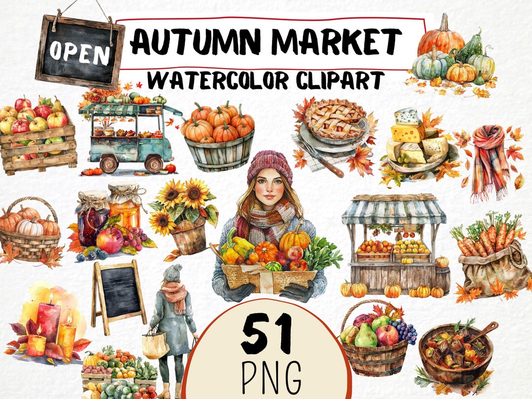 Watercolor Autumn Market Clipart 51 Png, Fall Food Truck, Pumpkin ...