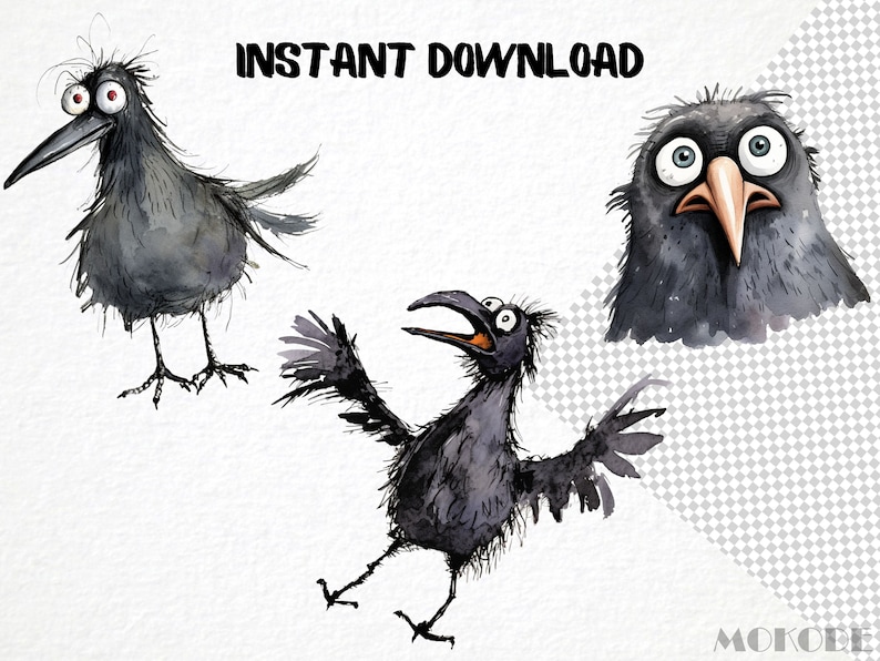 Funny Crows Watercolor Clipart, Caricature Birds (PNG Digital Prints ...