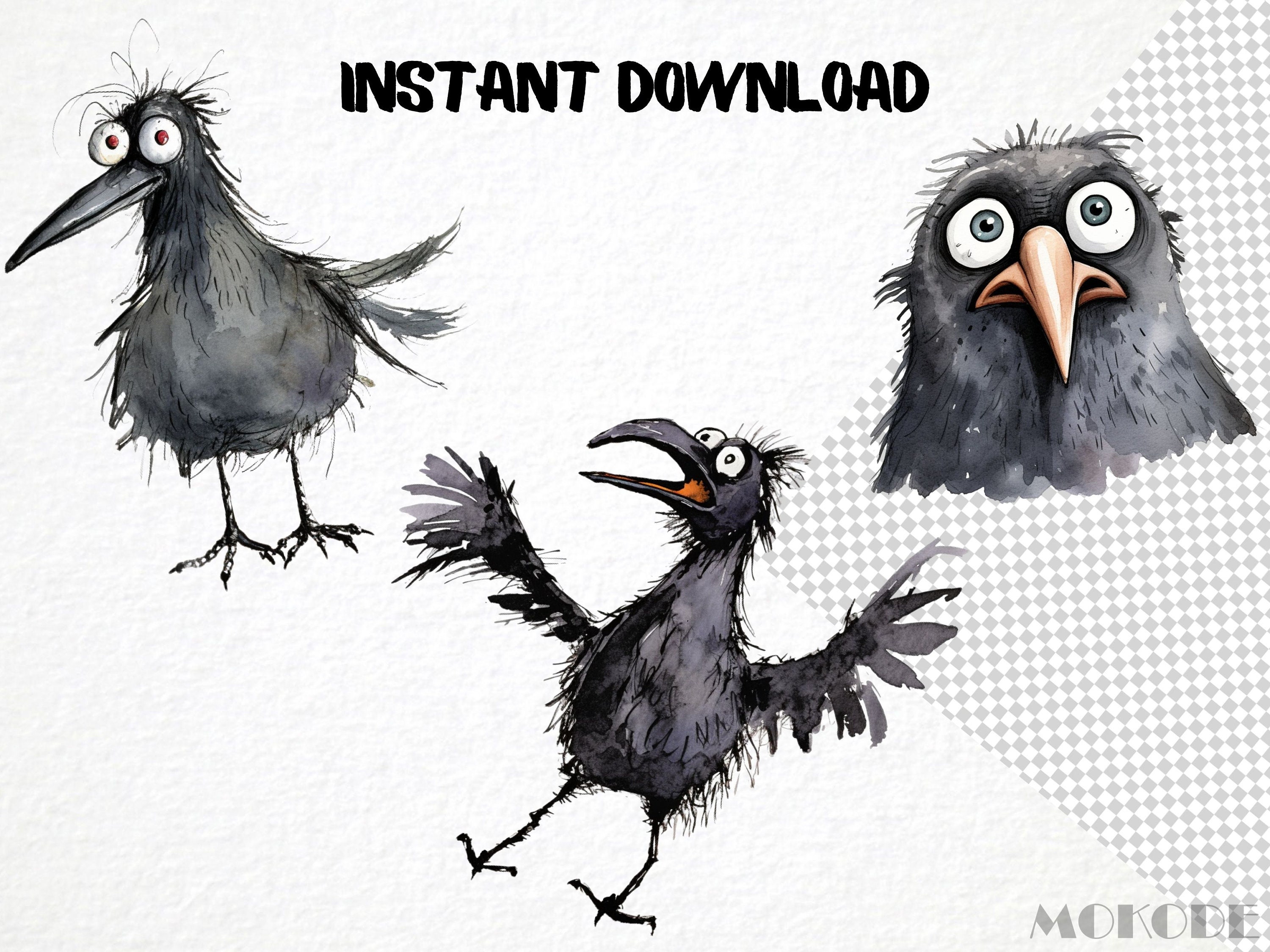 Funny Crows Watercolor Clipart, Caricature Birds (PNG Digital Prints ...