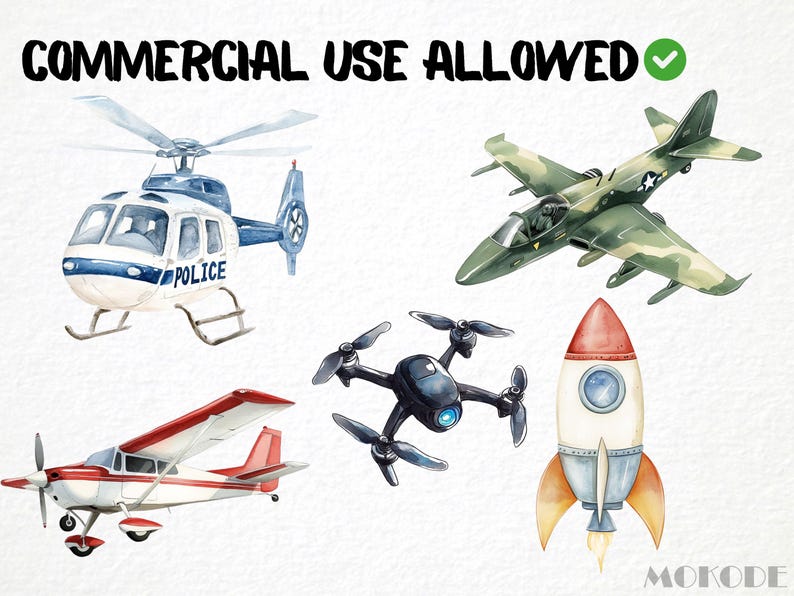 Watercolor Flying Vehicles Clipart, Airplane, Helicopter (digital ...