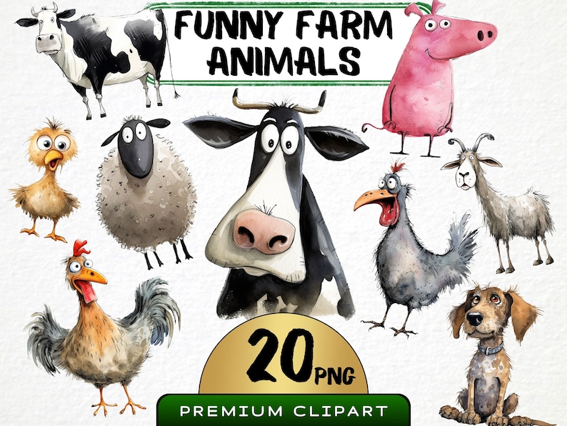 Funny Farm Animals Clipart 20 Png, Cute Caricature Pets, Quirky Cow ...