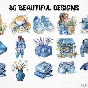 Denim Dream Clipart 80 Png, Watercolor Summer Denim Floral, Spring Girl ...