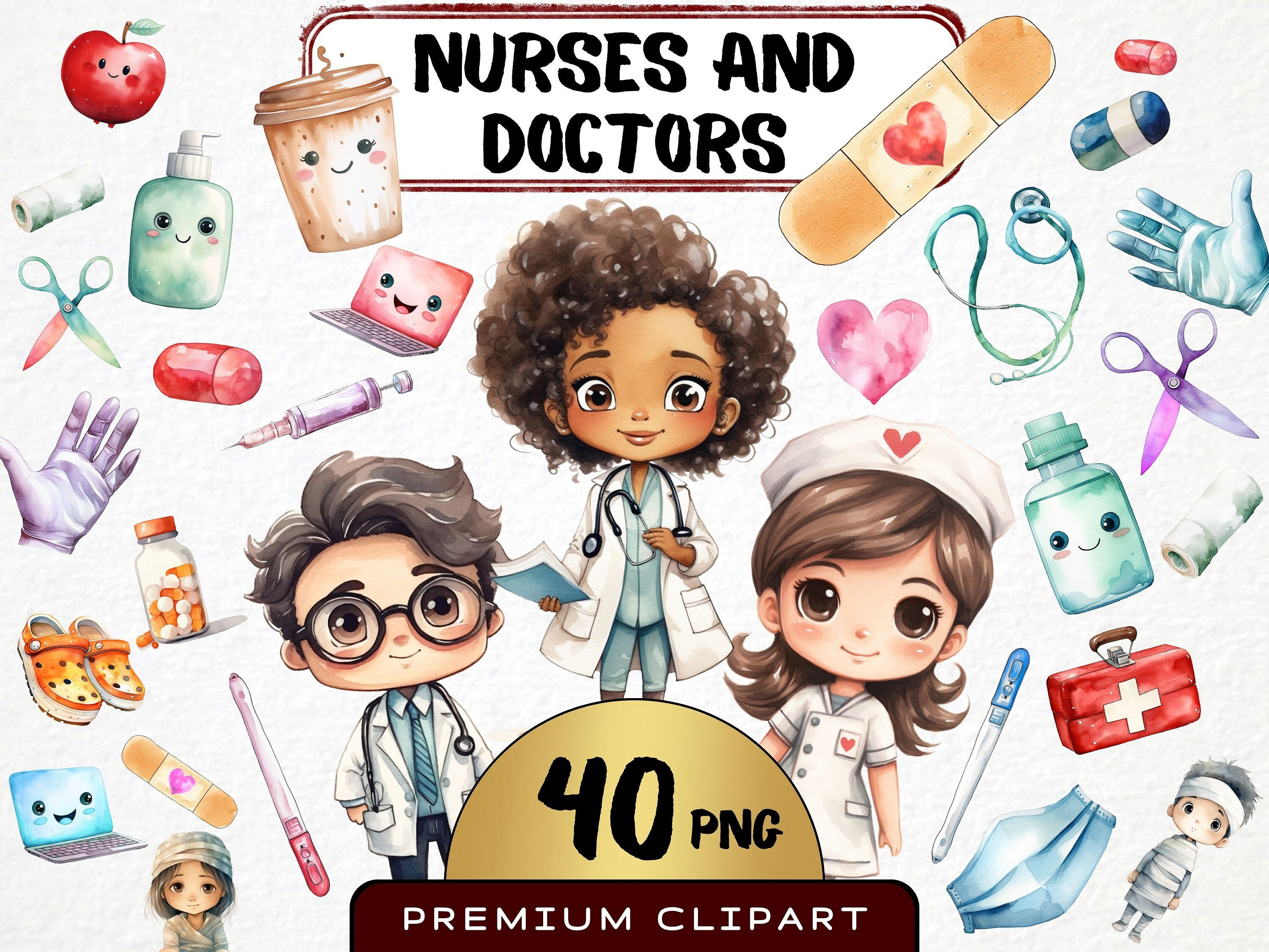Watercolor Doctor and Nurse Clipart, 40 Png, Medical Clipart ...