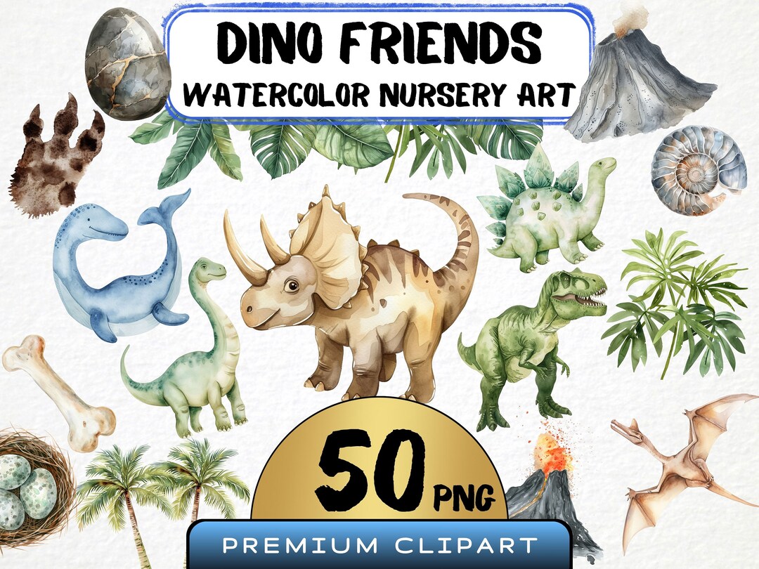 Watercolor Dino Friends Clipart 50 Png, Cute Nursery Dinosaurs ...