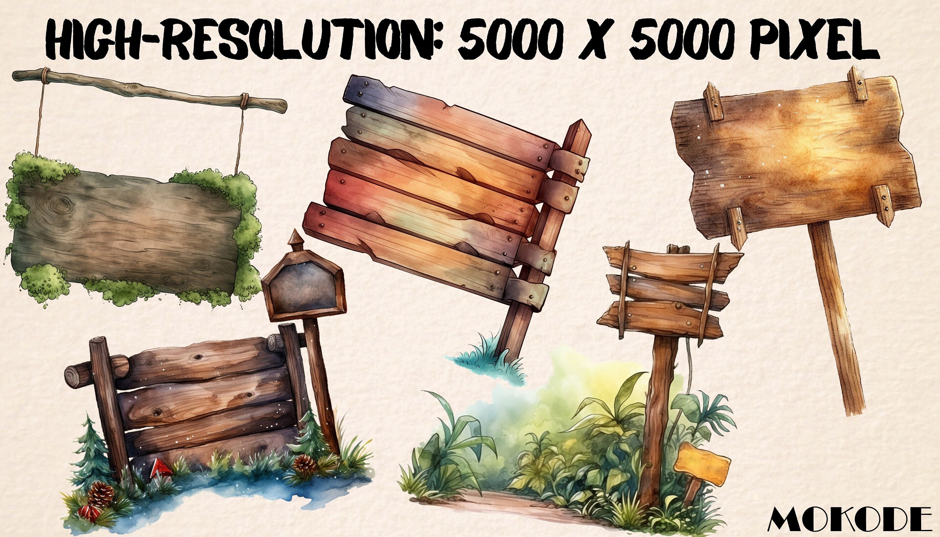 Wooden Sign Watercolor Clipart Wood Sign Illustration Set of - Etsy