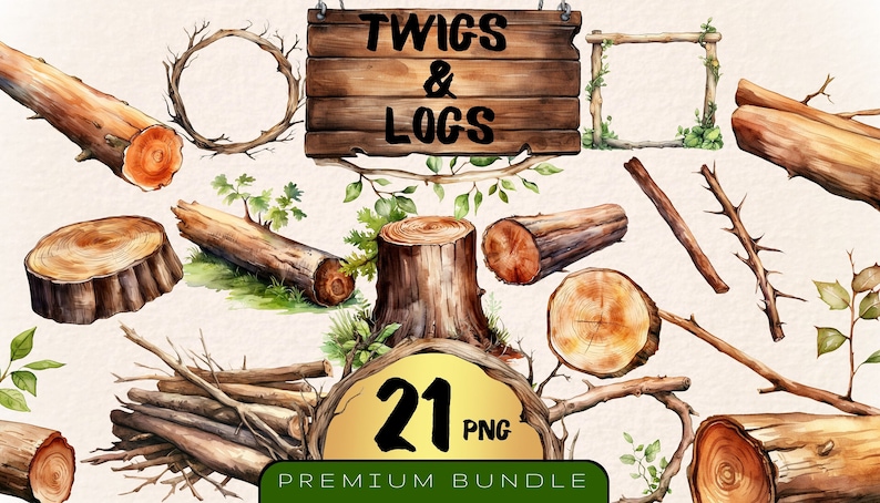Watercolor Twigs & Logs Clipart Bundle, Set of 21, Wood Borders, Stick ...