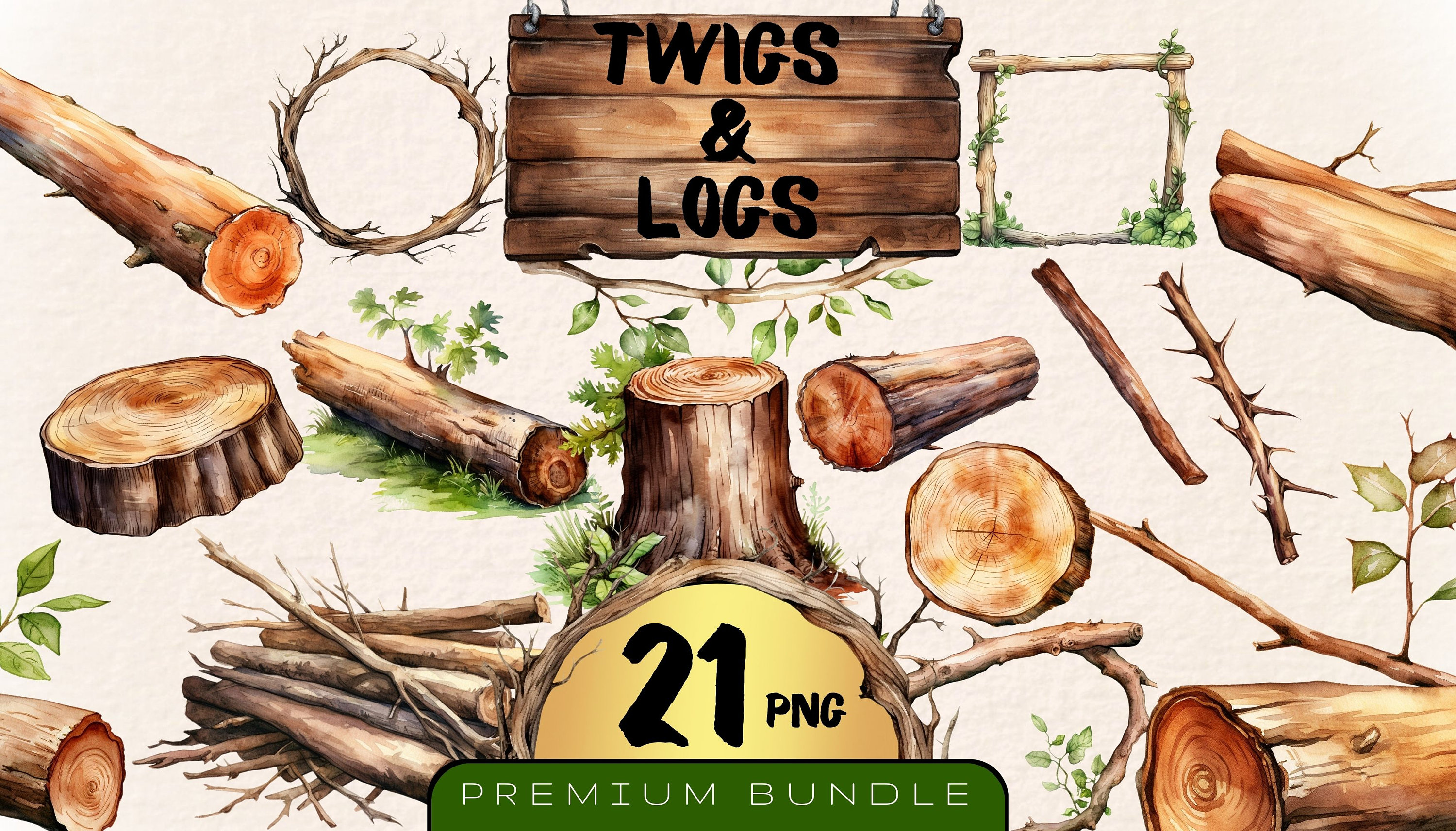 Watercolor Twigs & Logs Clipart Bundle, Set of 21, Wood Borders, Stick ...