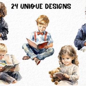Kids Reading Watercolor Clipart, Set of 24, Nursery Bookworm Graphics ...