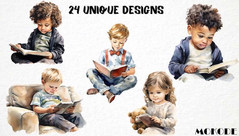 Kids Reading Watercolor Clipart, Set of 24, Nursery Bookworm Graphics ...