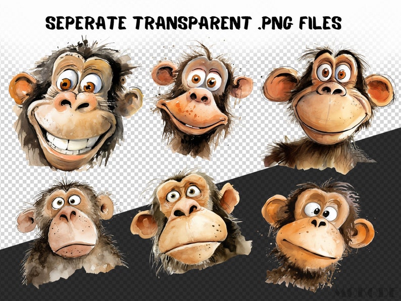 Funny Monkey Faces Clipart, Watercolor Safari Animals (PNG Digital Art ...