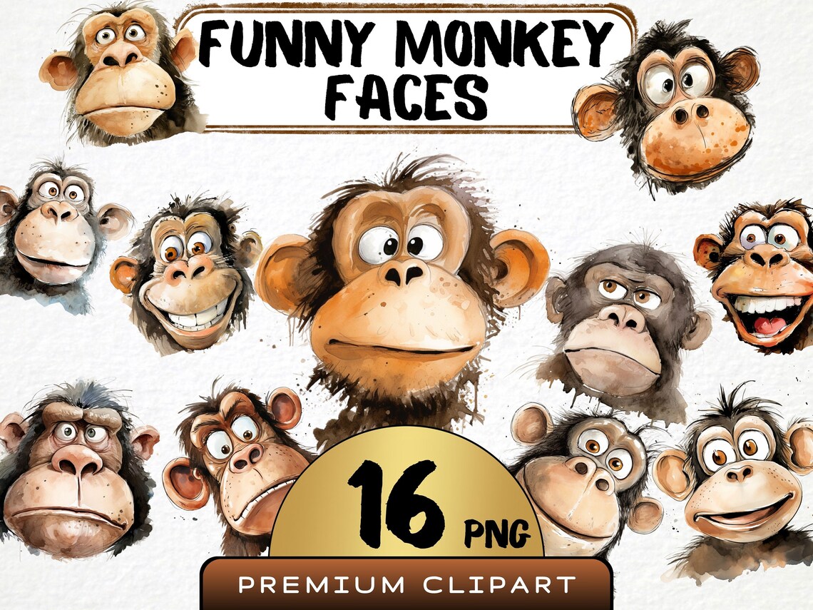 Funny Monkey Faces Clipart, Watercolor Safari Animals (PNG Digital Art ...