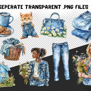 Denim Dream Clipart 80 Png, Watercolor Summer Denim Floral, Spring Girl ...