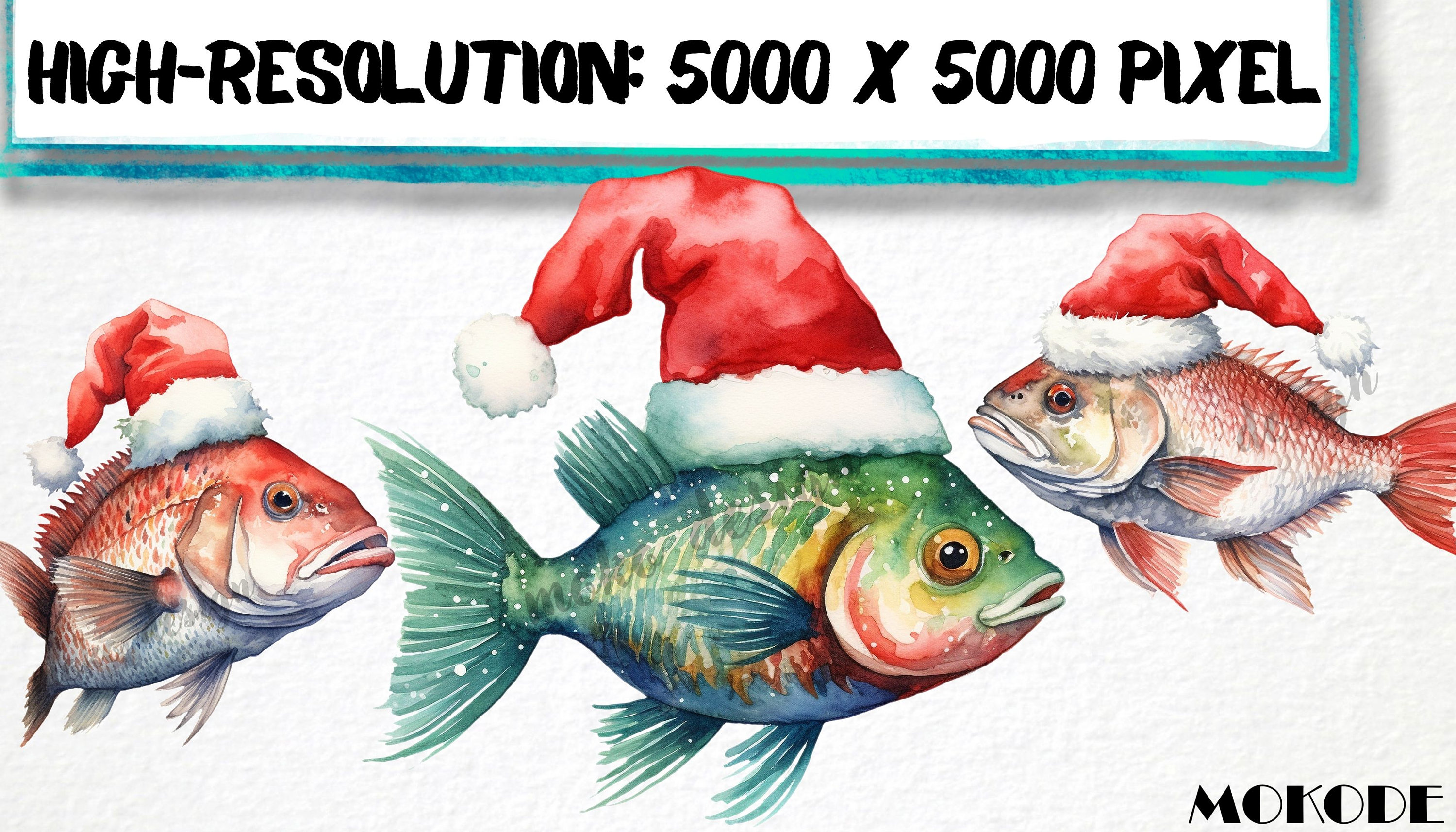Christmas Funny Fish Clipart, Set of 8, Watercolor Festive Animals ...