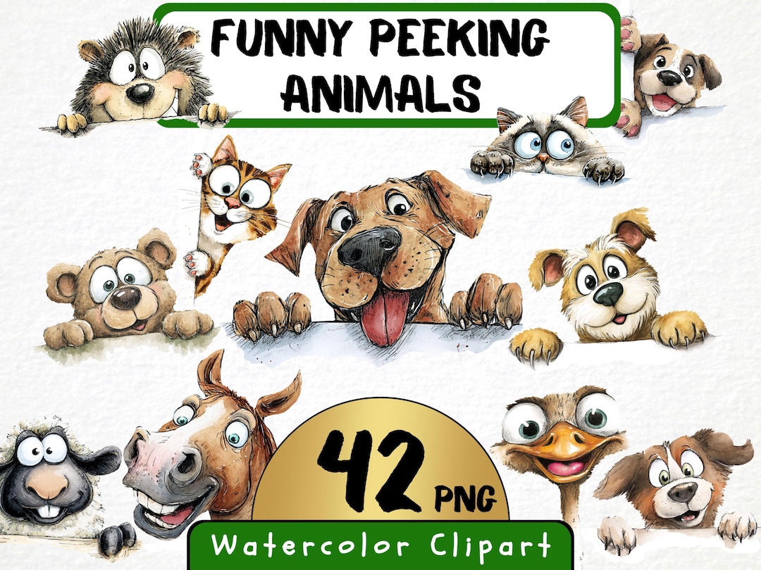 Funny Peeking Animals Clipart Bundle 42 Png, Watercolor Dog, Cat ...