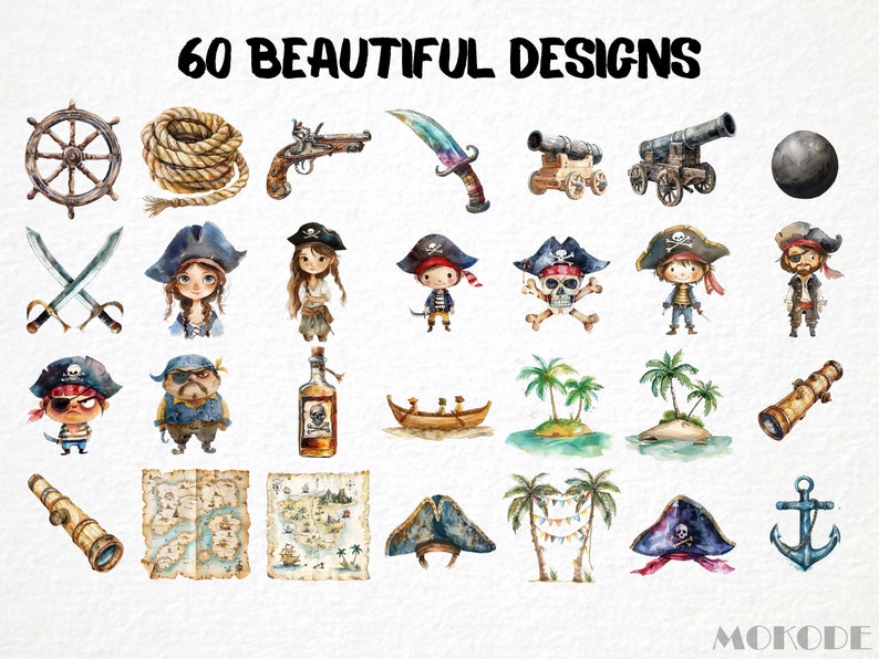 Watercolor Cute Pirate Clipart, Caribbean Nursery Decor (60 PNG) - Etsy