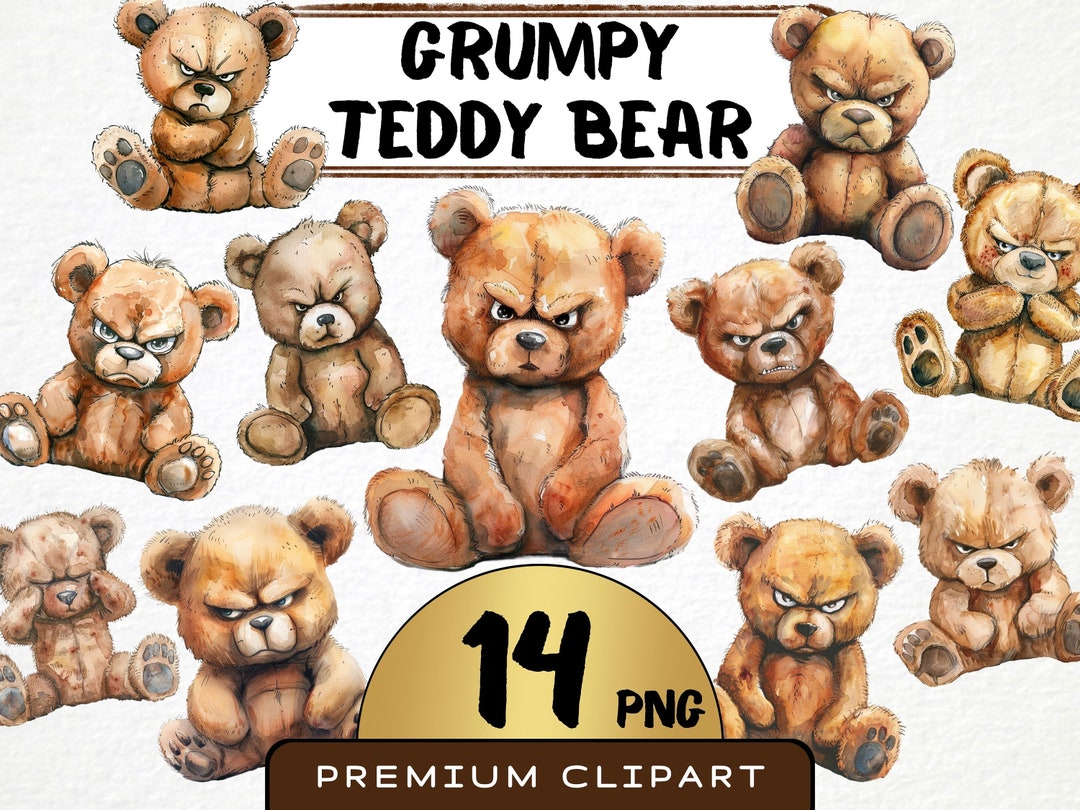 Watercolor Grumpy Teddy Bear Clipart 14 Png, Cute Animal Bad Mood, Funny Angry Teddy, Digital ...
