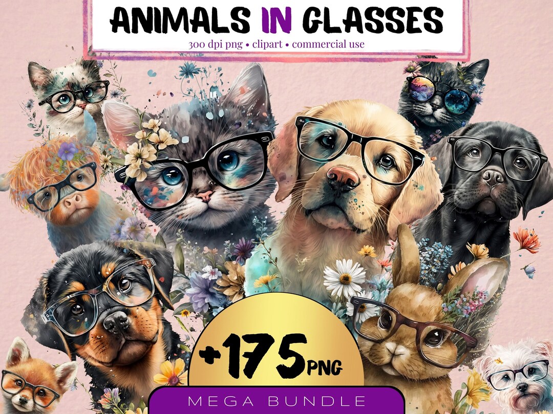 Animals in Glasses Clipart, Nursery Art, 177 PNG (digital Download) - Etsy