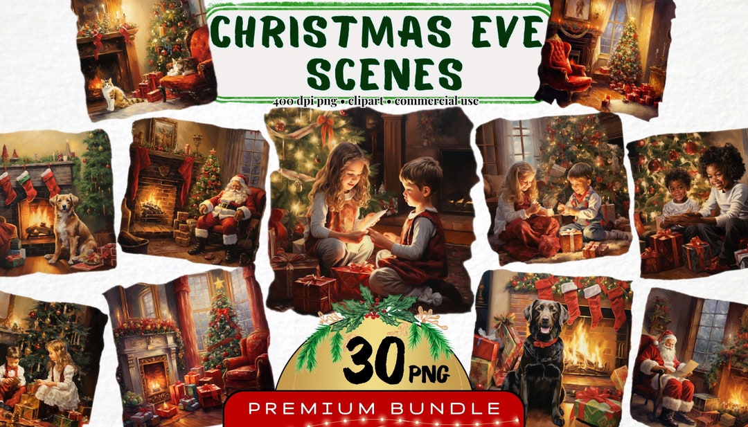 Christmas Eve Scenes Clipart, Set of 30, Cozy Christmas Graphics ...