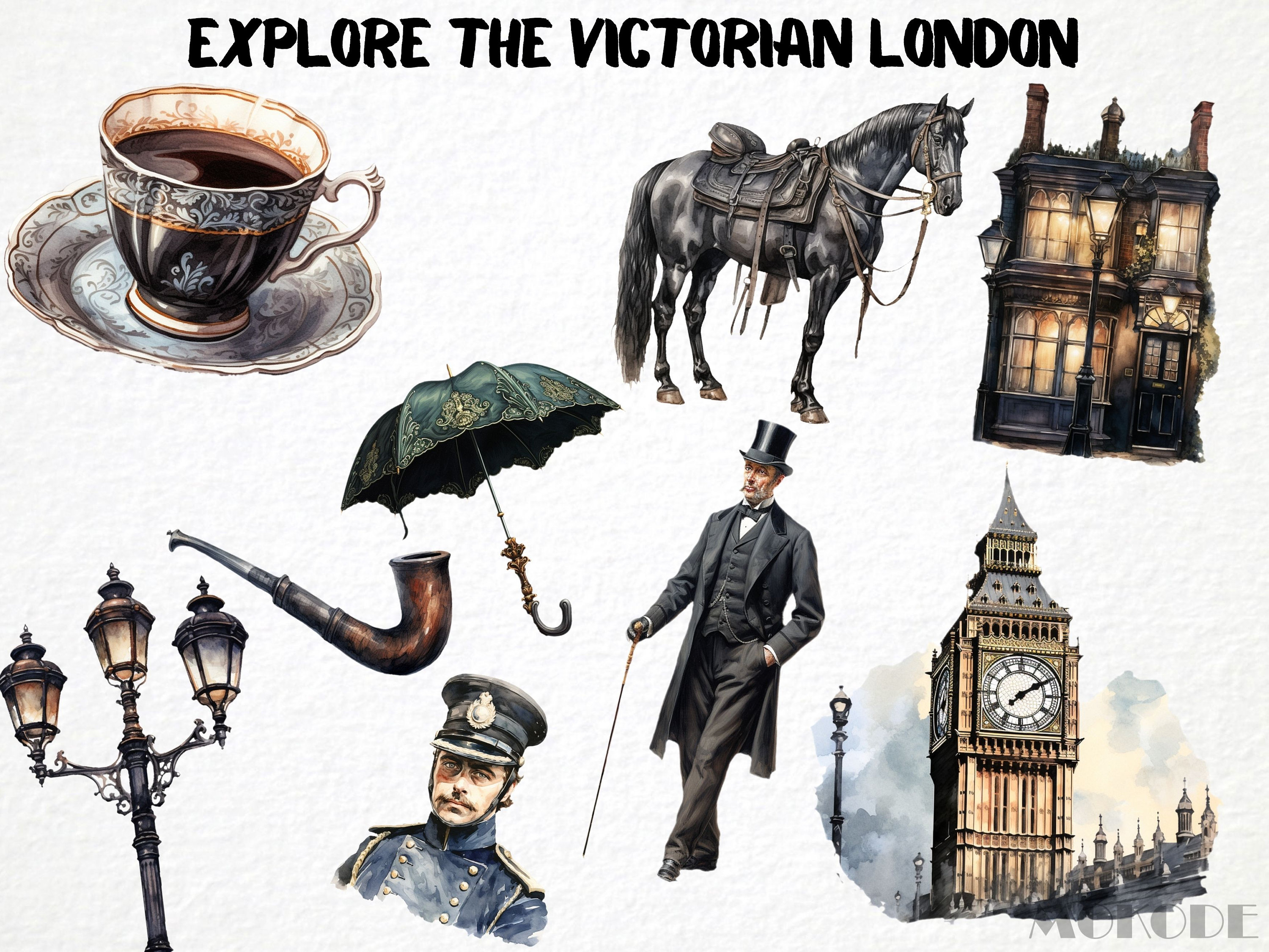 Victorian London Clipart, 51 Watercolor Vintage City Graphics, 19th ...