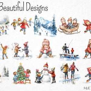 Watercolor Winter Fun Clipart 22 Png, Kids Playing in Snow, Christmas ...