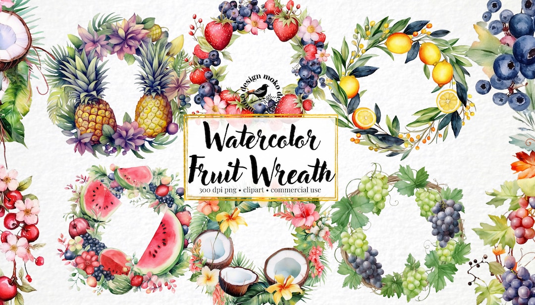 Watercolor Fruit Wreath Clip Art Summer Fruits Wedding Invitation ...