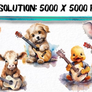 Watercolor Animals With Guitar, Set of 28, Guitar Png, Musical Animals ...