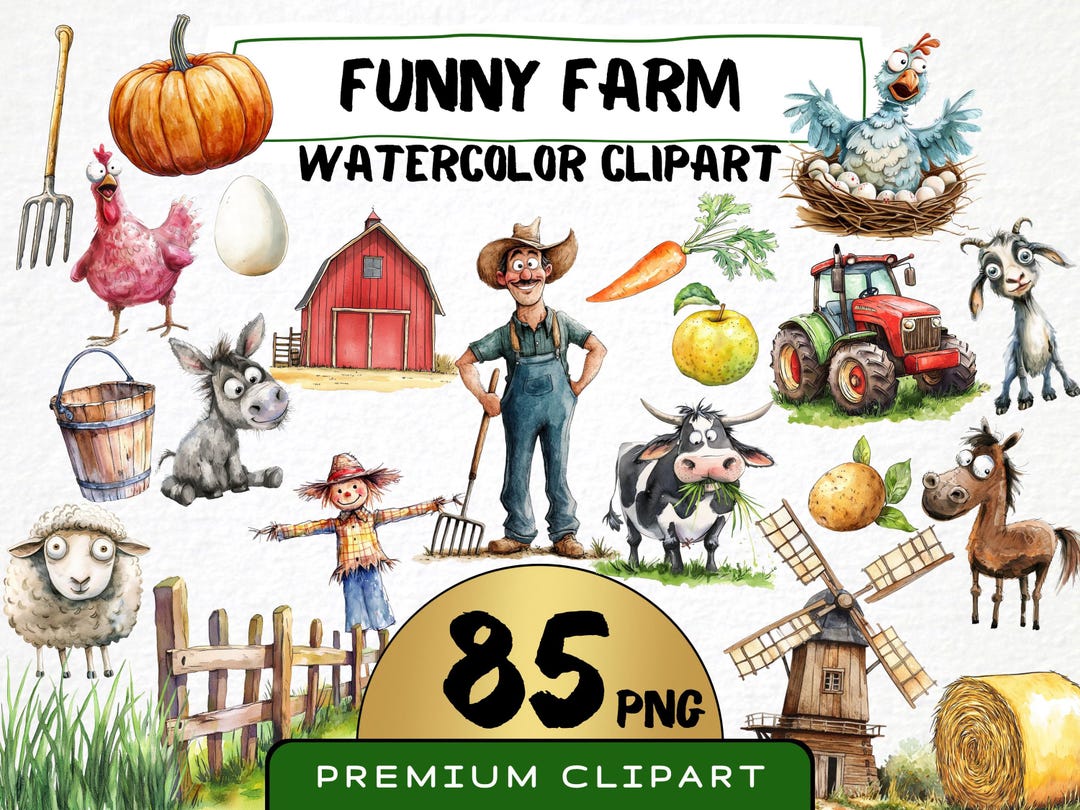 Funny Farm Watercolor Clipart, Cartoon Animals (85 PNG) - Etsy