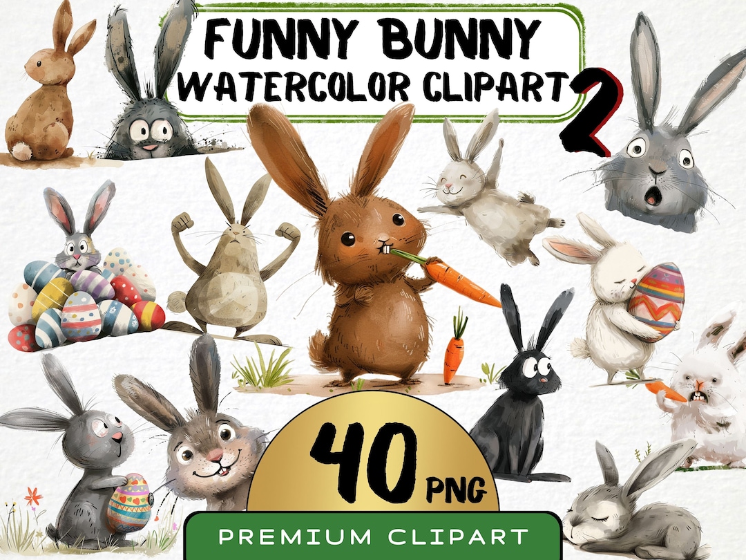 Funny Bunny Vol.2 Clipart 40 Png, Cute Caricature Pets, Quirky Rabbit ...