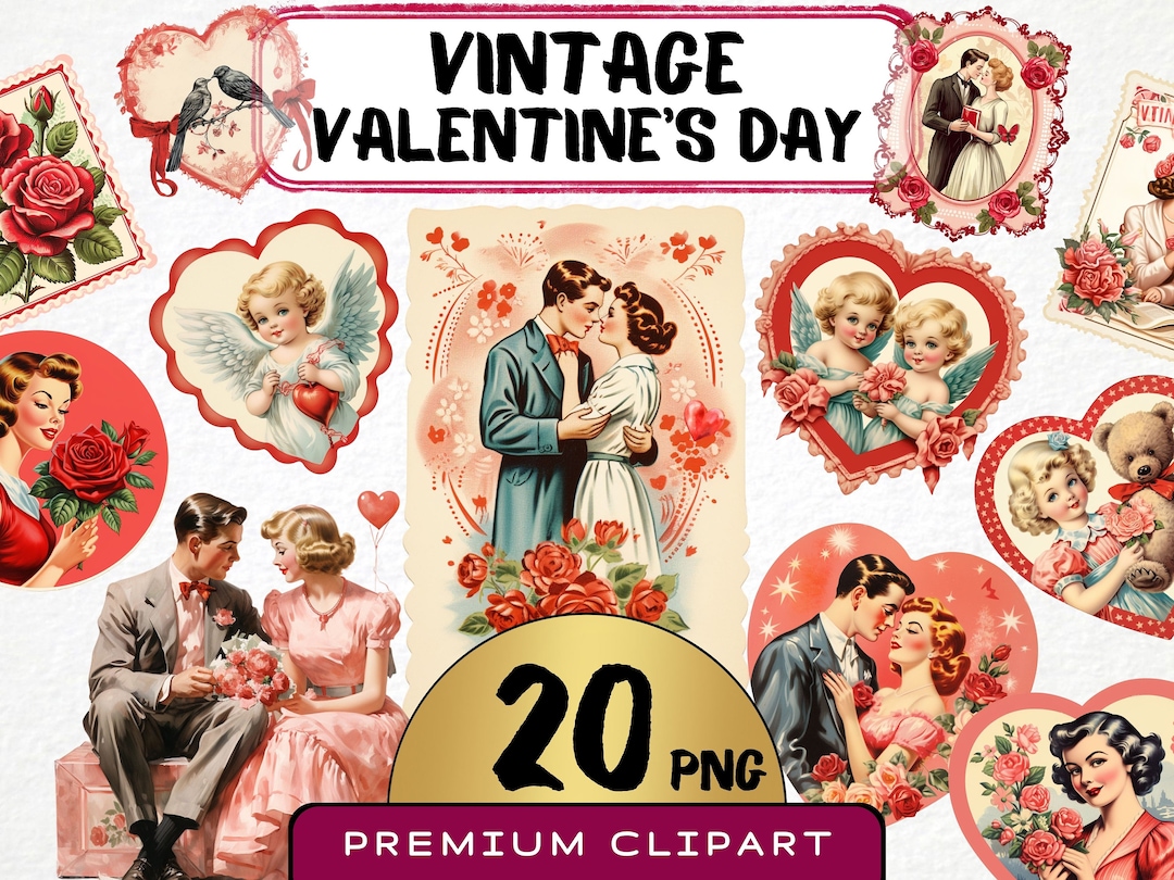 Vintage Valentine's Day Clipart Bundle, 20 PNG, Oldschool Valentine's ...
