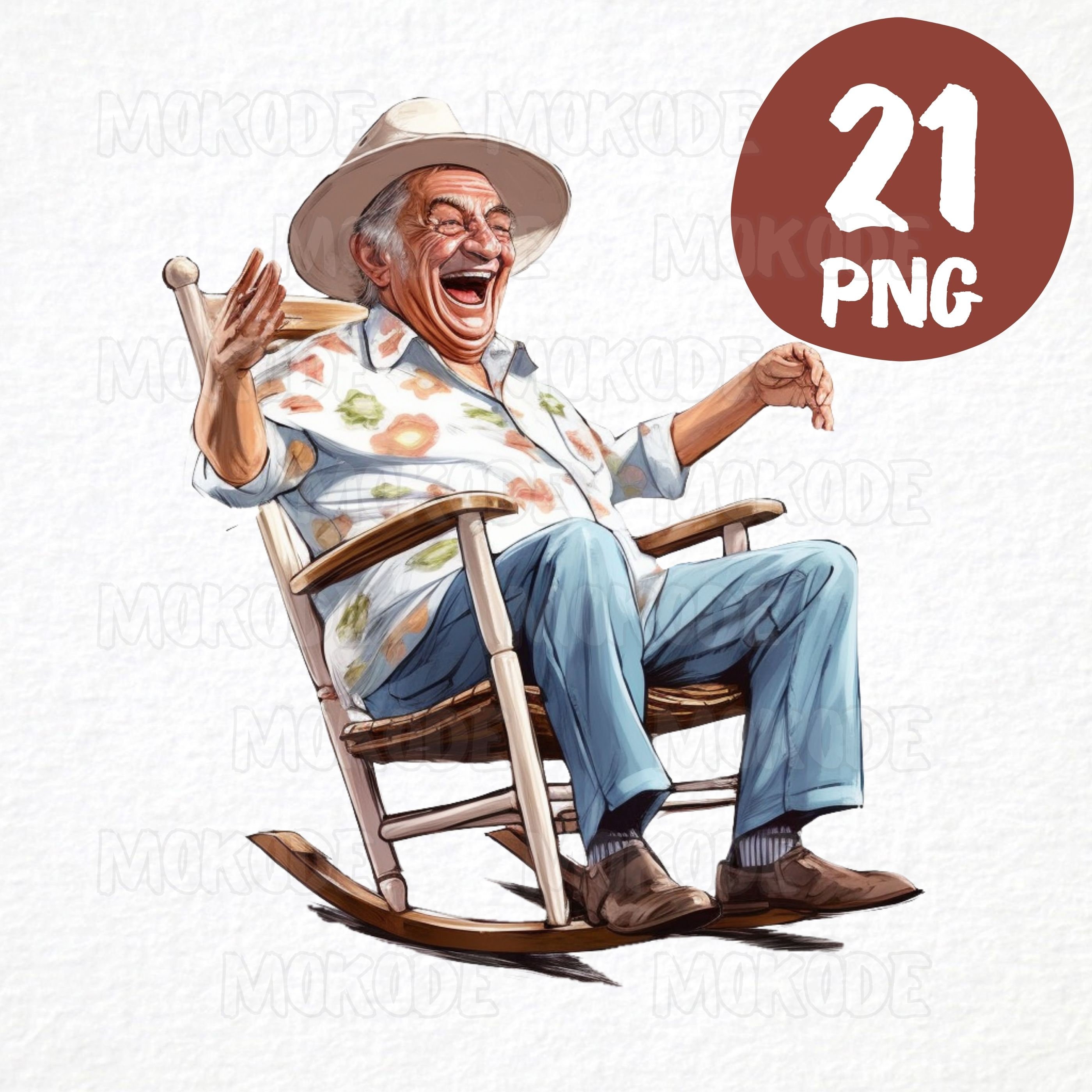Funny Grandpa Rocking Chair Clipart, Watercolor Caricature (PNG Digital ...