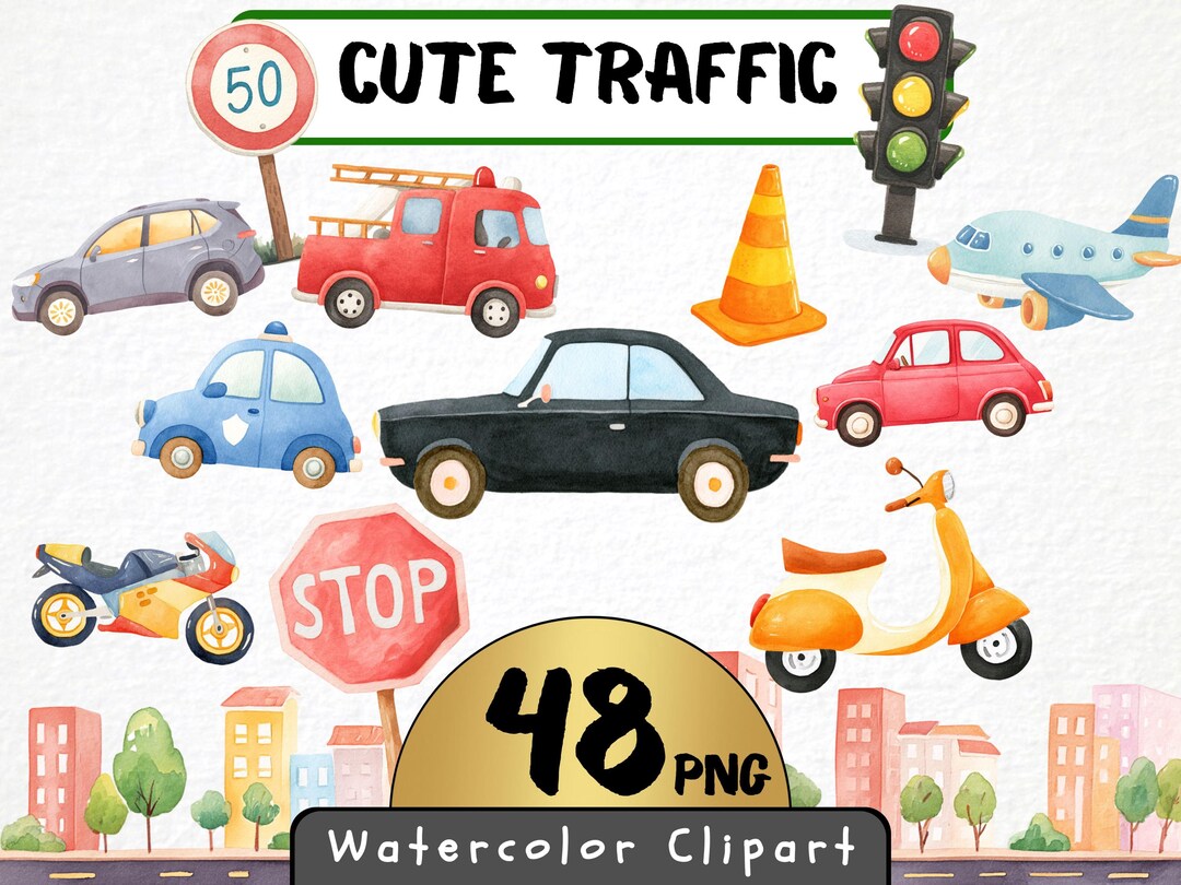 Cute Traffic Clipart 48 Png, Watercolor Cars City Illustration ...