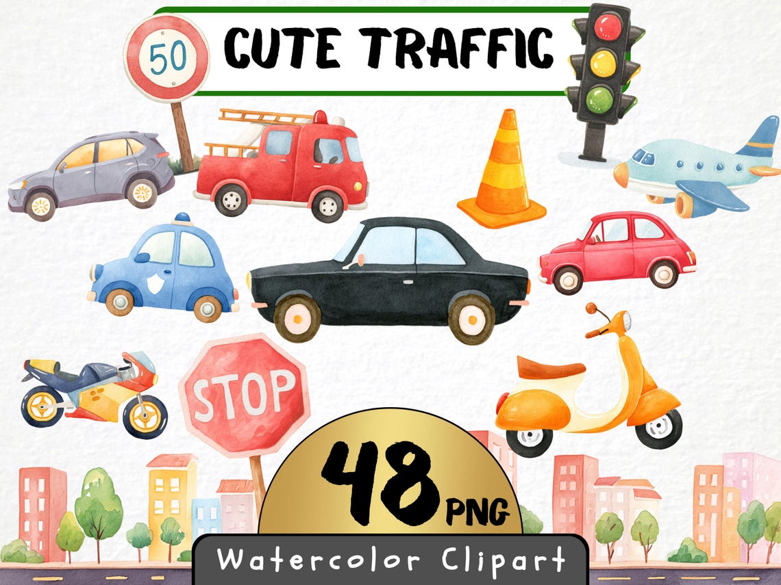 Cute Traffic Clipart 48 Png, Watercolor Cars City Illustration ...
