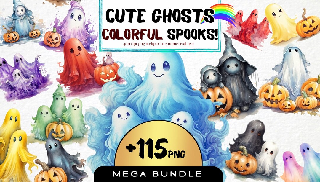 115 Spooky Halloween Ghost Clipart, Funny Ghost, Rainbow, Kids Craft ...