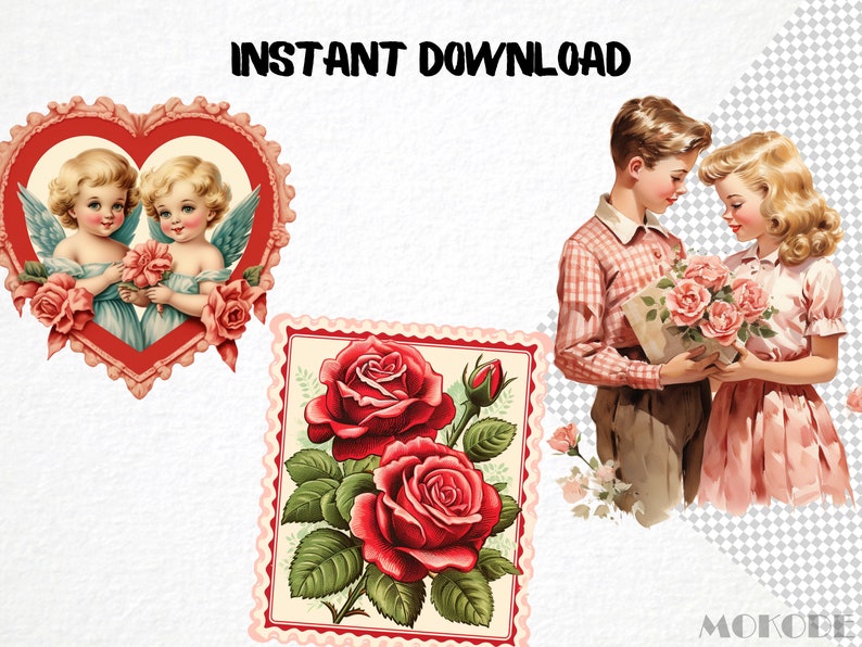 Vintage Valentine's Day Clipart Bundle, Watercolor Retro Love Graphics ...