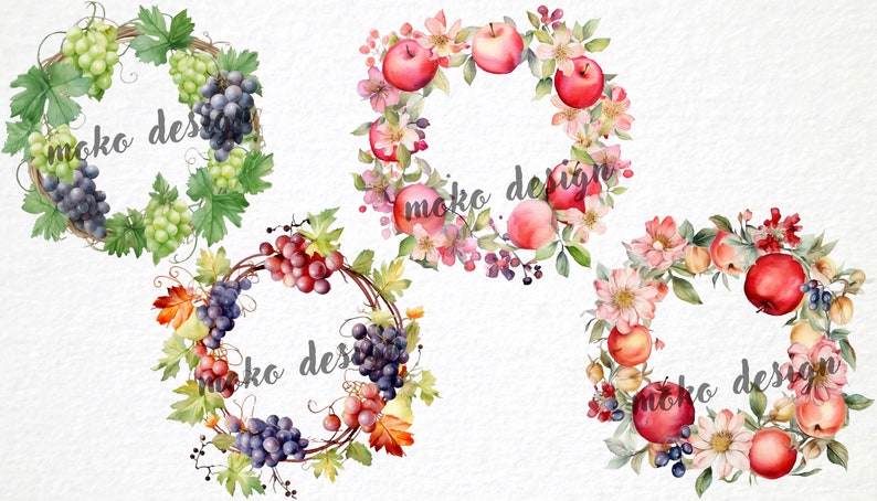 Watercolor Fruit Wreath Clip Art Summer Fruits Wedding - Etsy