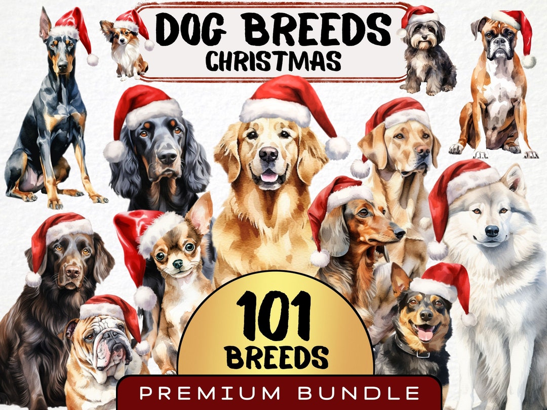 Watercolor Christmas Dog Breed Clipart Bundle, Set of 101, Xmas Dog ...