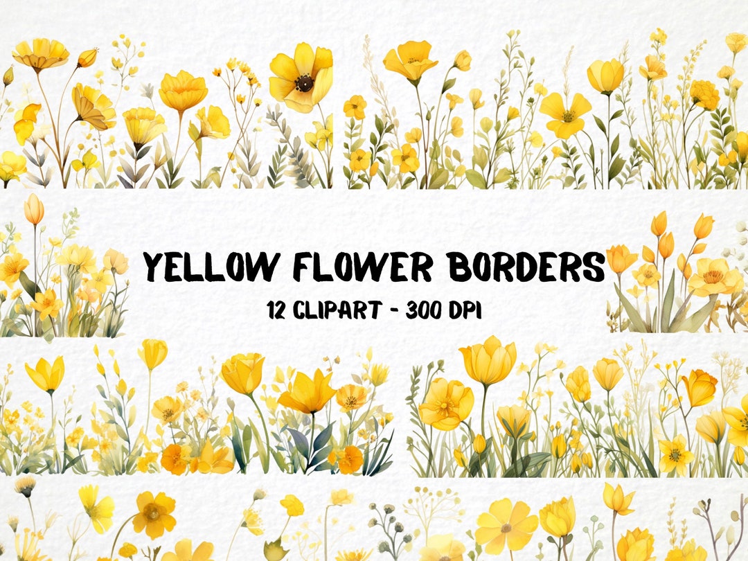 Watercolor Yellow Flower Borders 12 Png Clipart Bundle, DIY Floral Graphic, Scrapbooking, Card ...