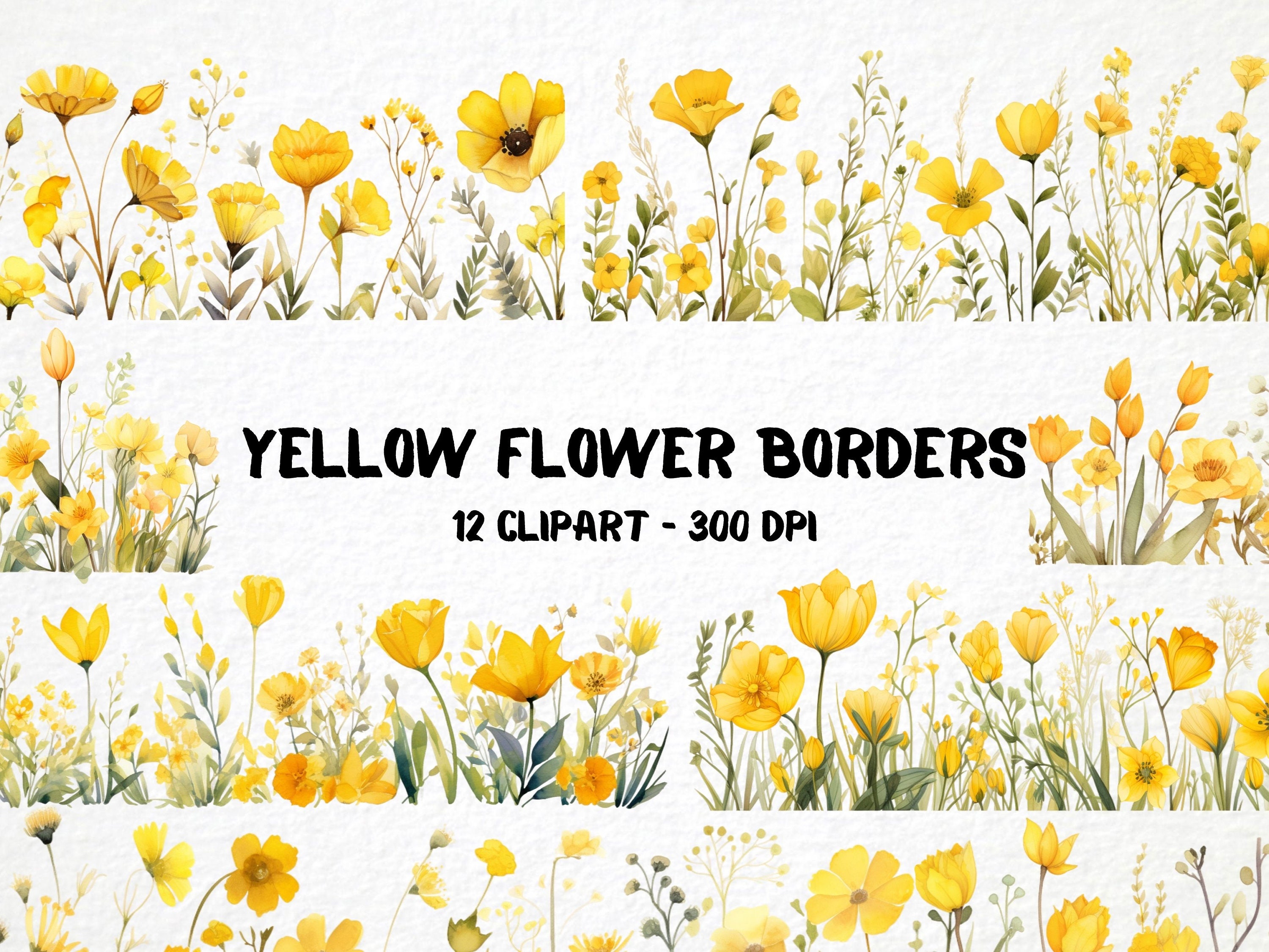 Watercolor Yellow Flower Borders Clipart, Floral PNG Bundle (digital ...
